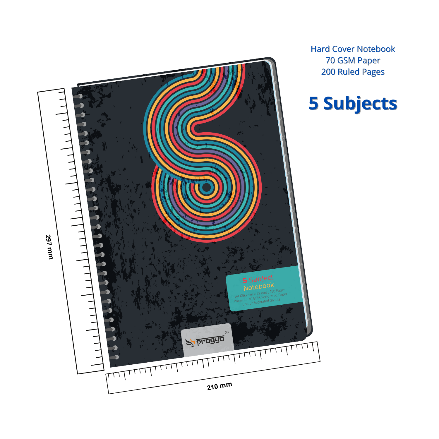 Pragya 5-Subject A4 Notebook (250 Pages, Ruled) Spiral Hard Case Cover
